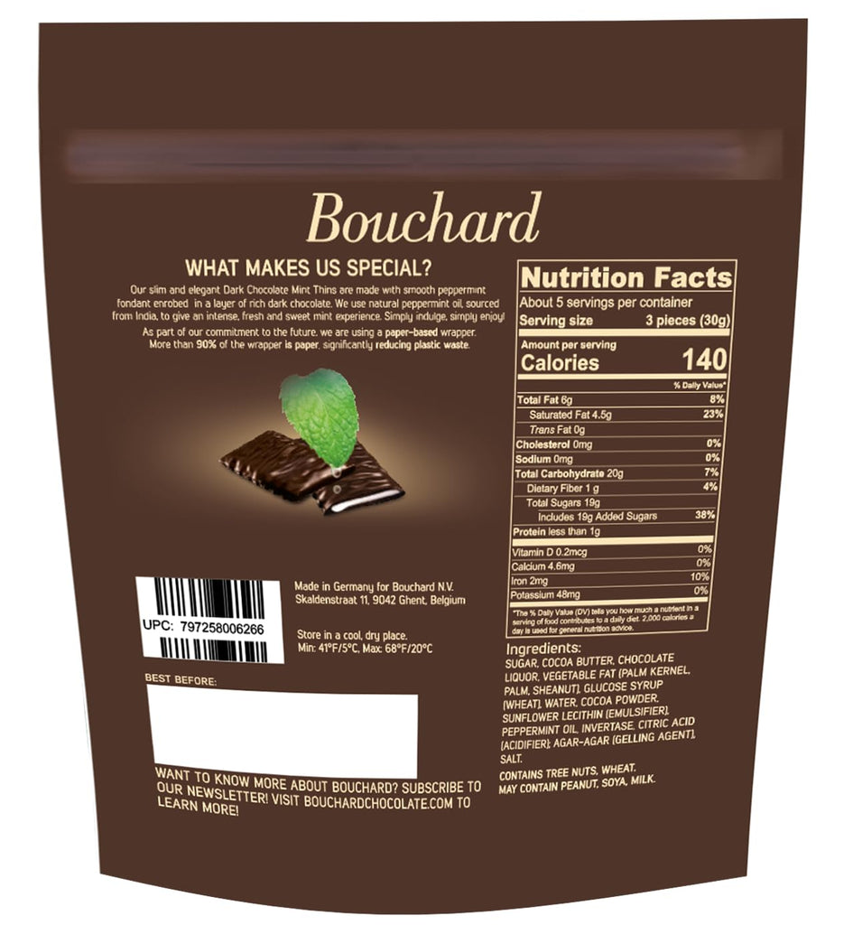 Bouchard Dark Chocolate Mint Thins 72% Cacao 5.3 Oz. (150 g.) (Pack of ...