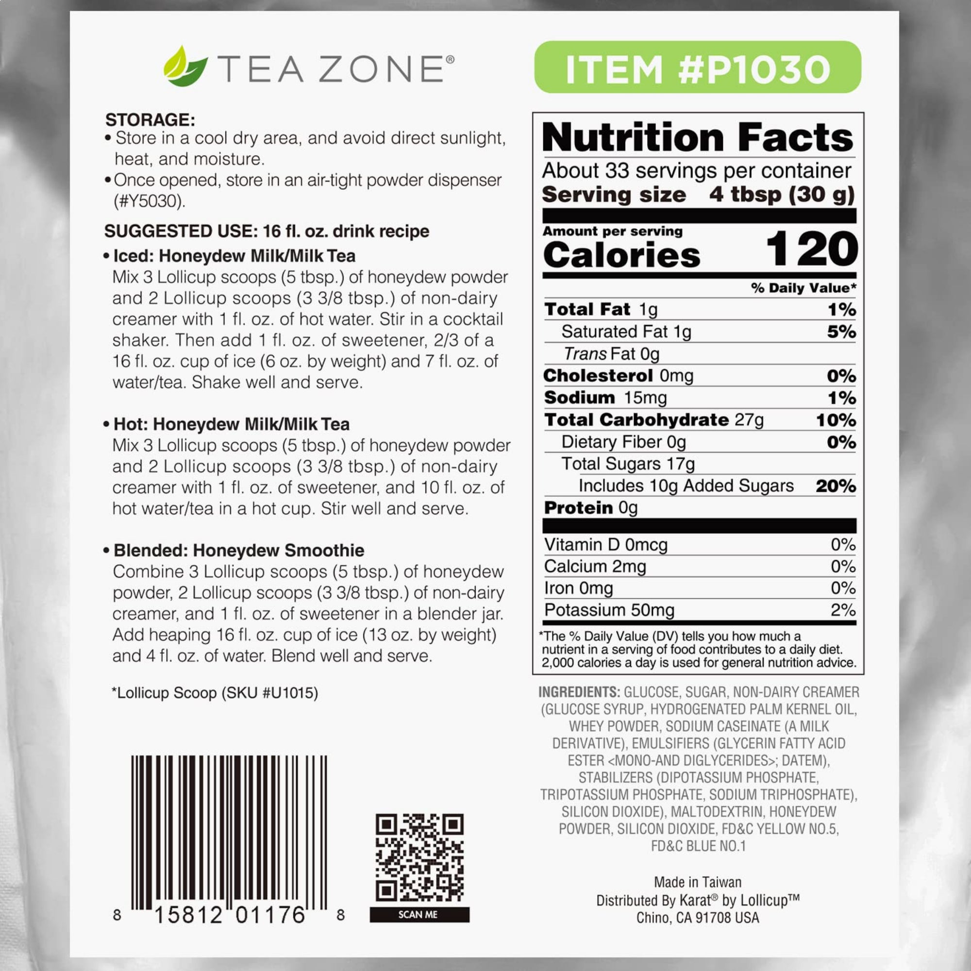 Tea Zone Honeydew Powder Mix for Milk Tea, Bubble Tea, Smoothie 2.2 lb ...