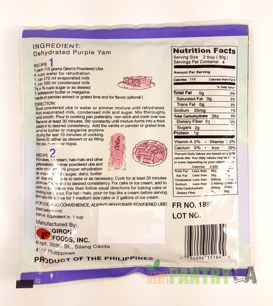 Ube Purple Yam Dehydrated Powder 4.06 Oz. by Giron Foods (Pack of 2 ...